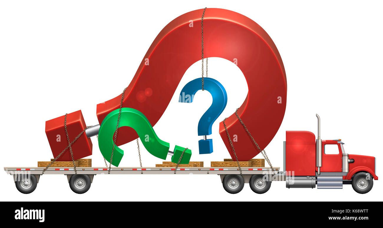 Illustration of a flatbed truck carrying question marks Stock Photo - Alamy