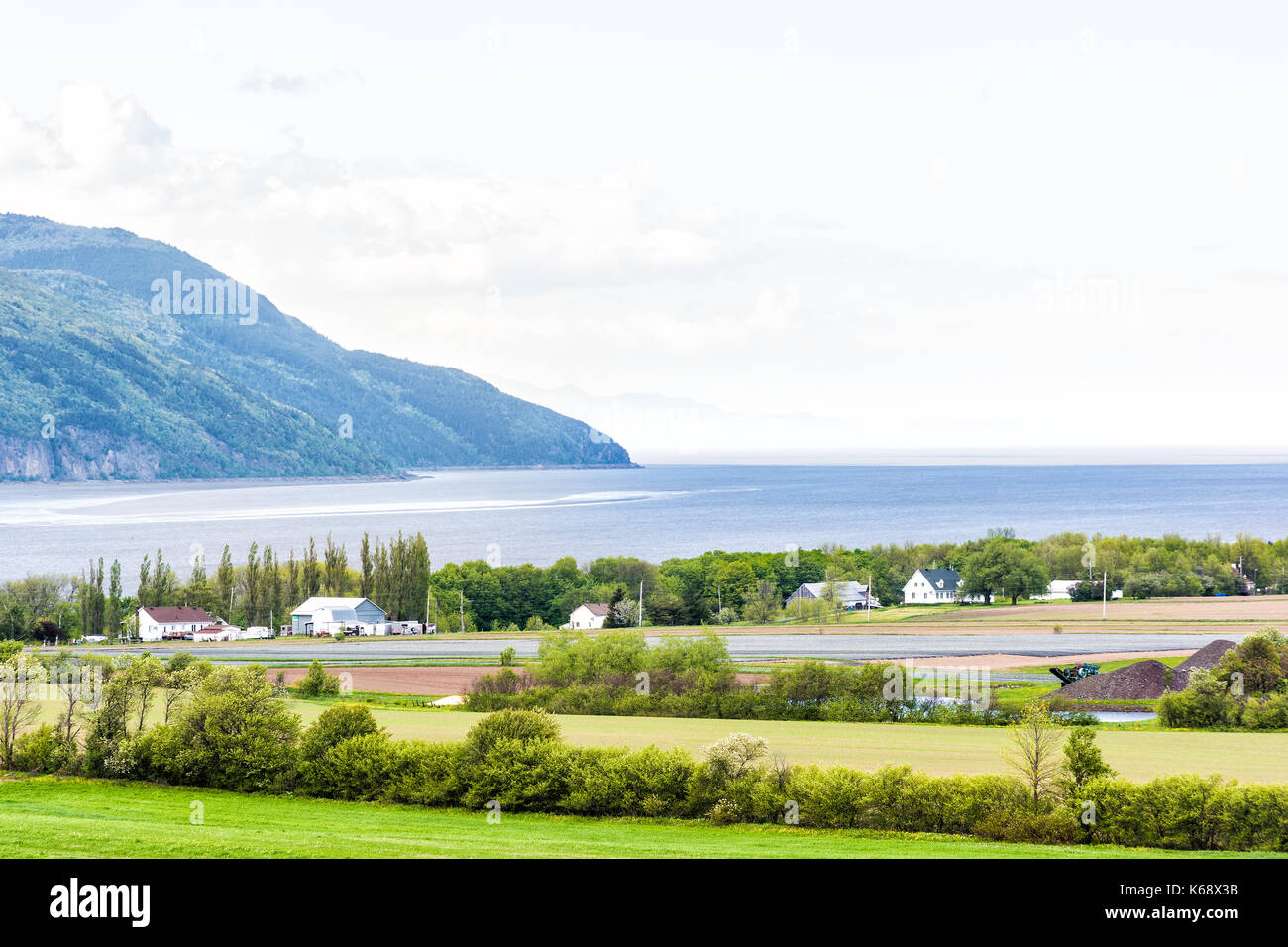 Aerial cityscape landscape view of farmland in Ile D'Orleans, Quebec ...
