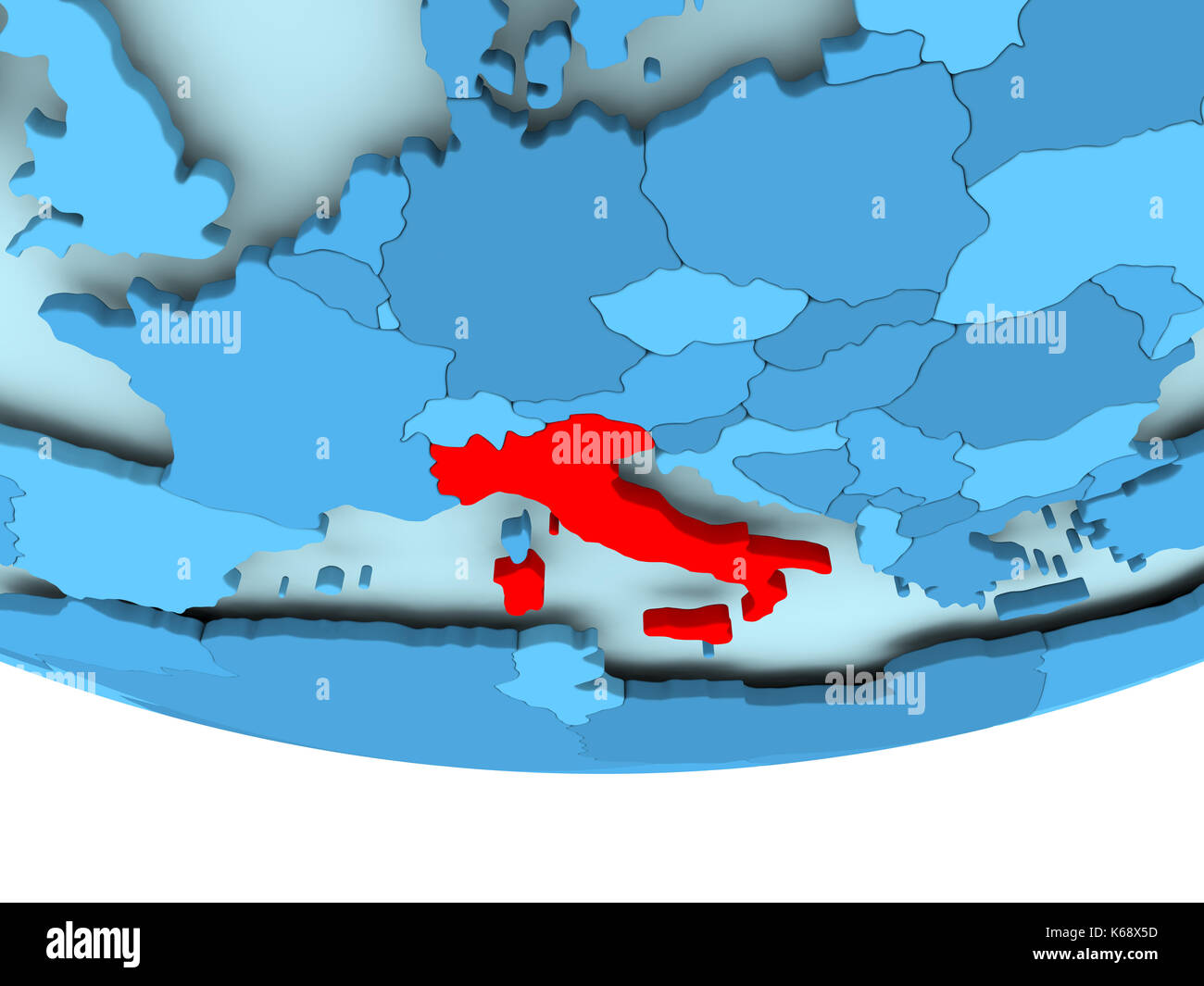 Illustration of Italy highlighted in red on blue globe. 3D illustration ...