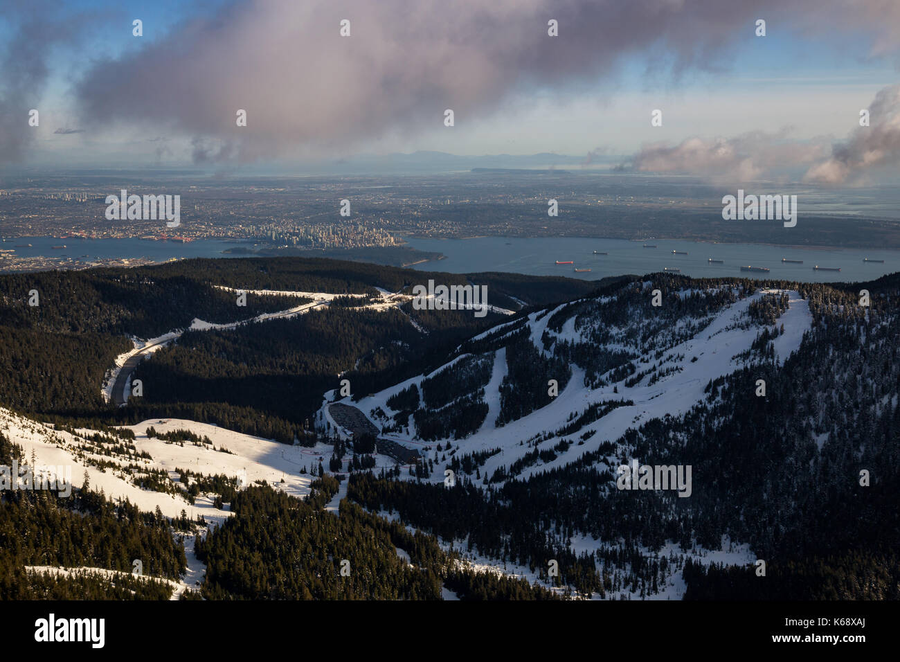 Cypress Mountain from an aerial perspective with Vancouver City, BC ...