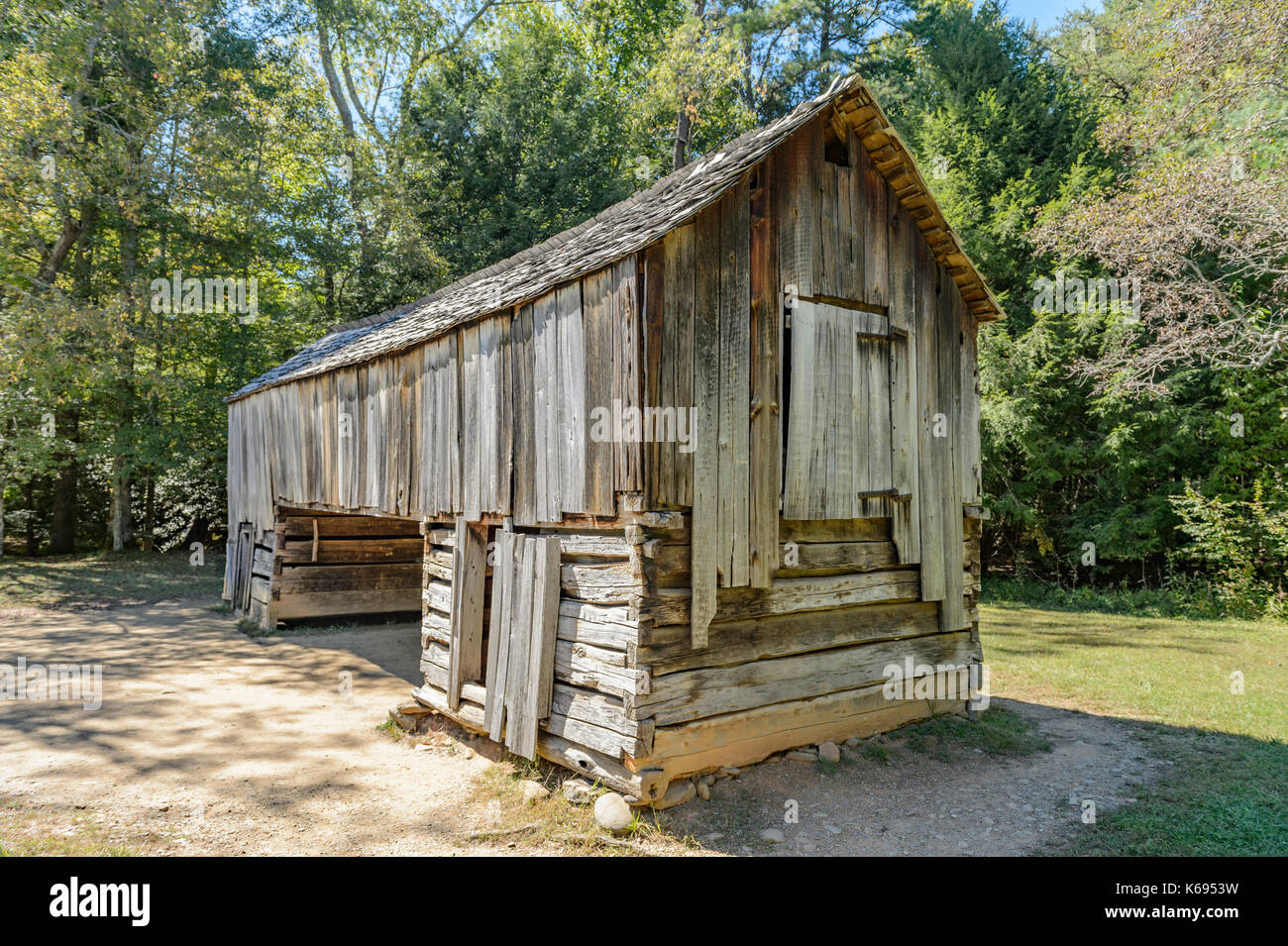 Old rustic double pen barn at Cades Cove, Tennessee, USA, in the Great ...