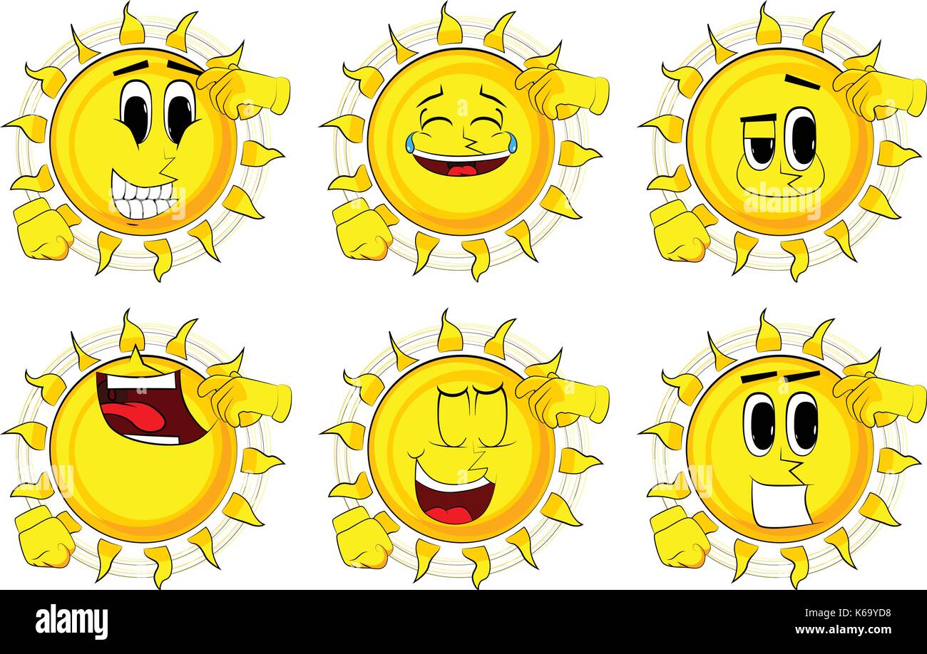 Cartoon confused sun. Collection with happy faces. Expressions vector ...