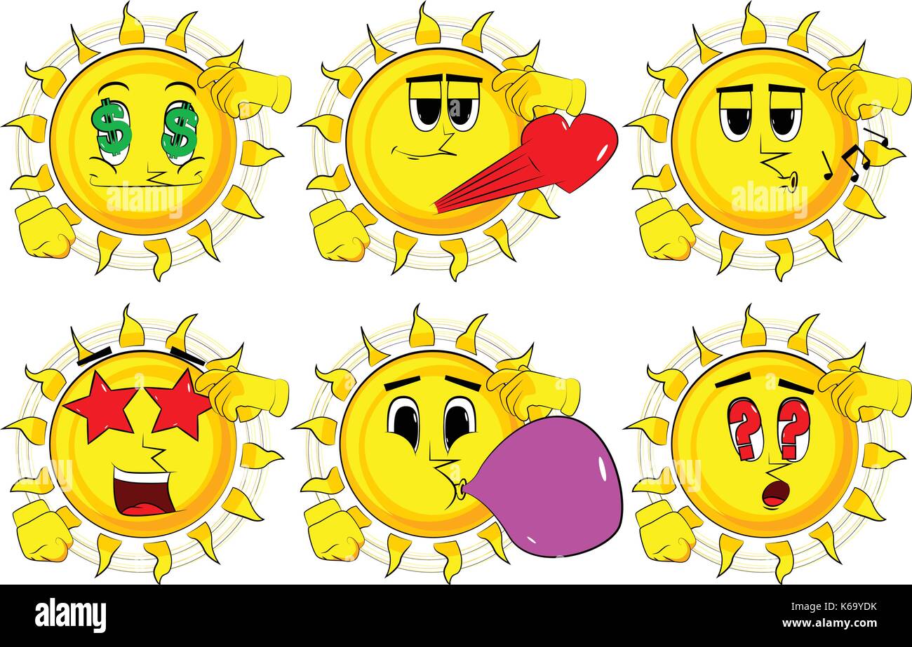 Cartoon confused sun. Collection with various facial expressions ...