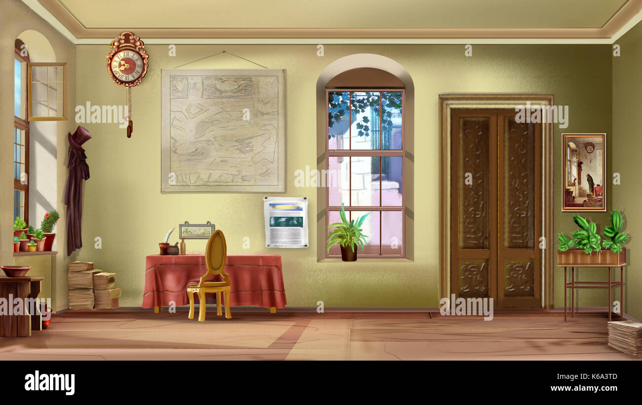 Interior of an empty vintage room on a sunny day. Digital Painting ...