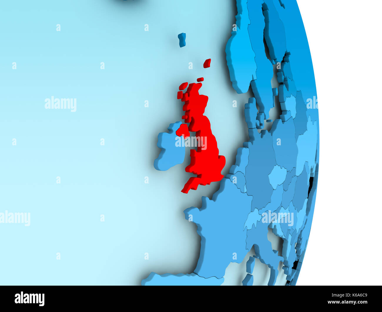United Kingdom in red on simple blue political globe with visible ...