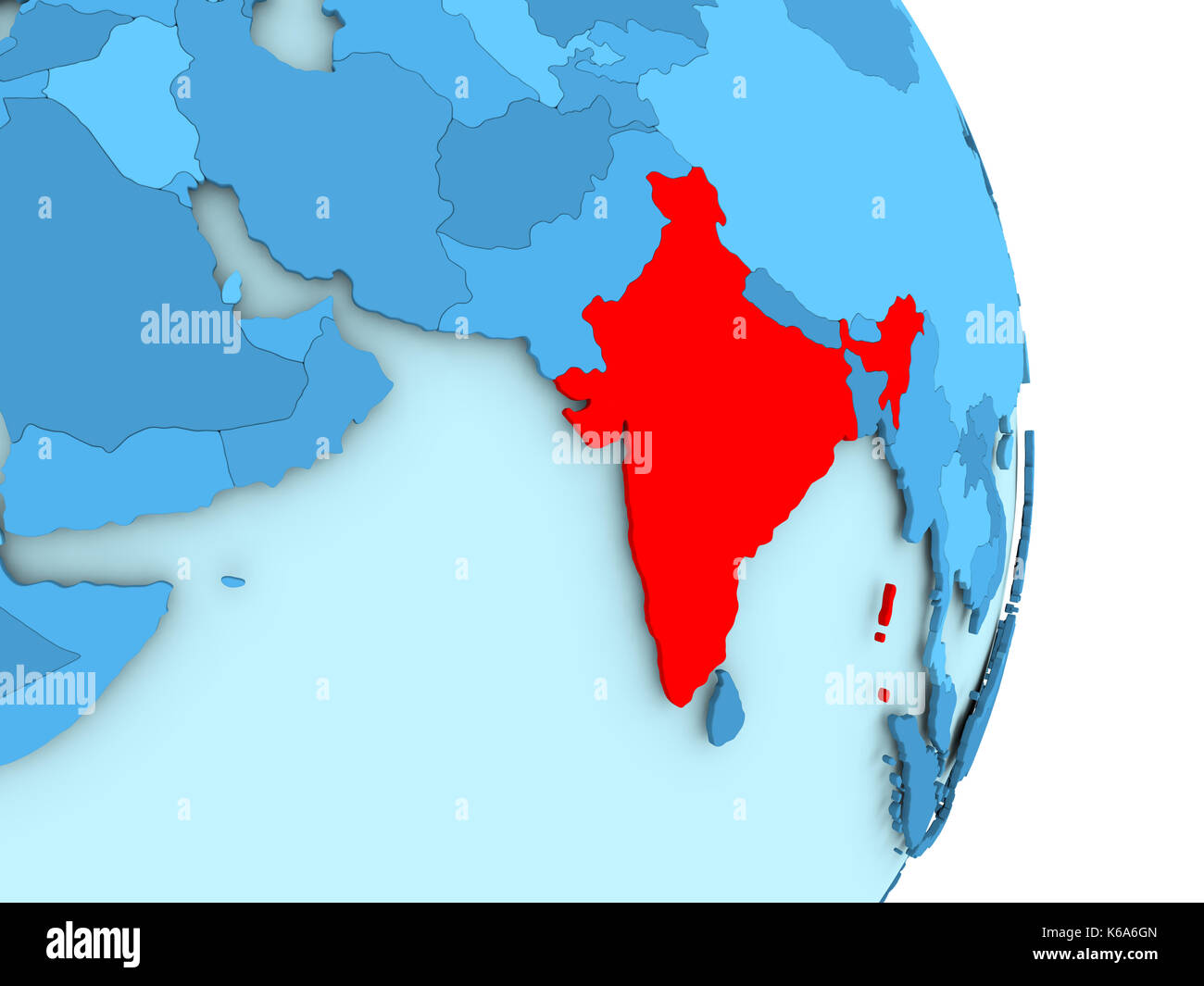 India in red on simple blue political globe with visible country ...