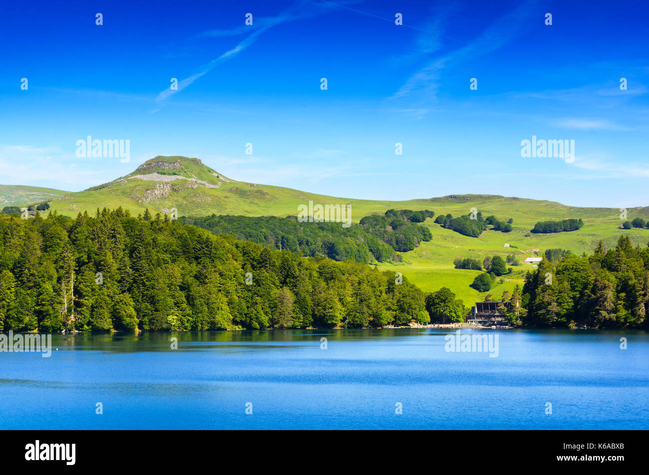 Landscape of Lake Pavin in Auvergne during a beautiful day, France ...