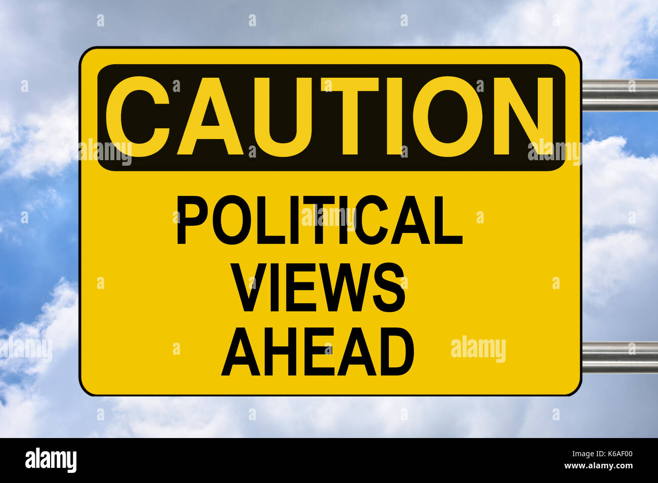 Political views ahead, yellow warning road sign Stock Photo - Alamy