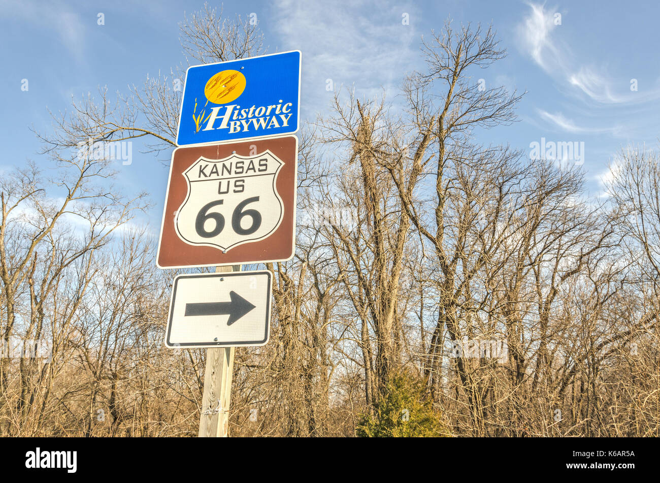 Signs denoting Route 66 in Kansas and as an historic byway with an ...