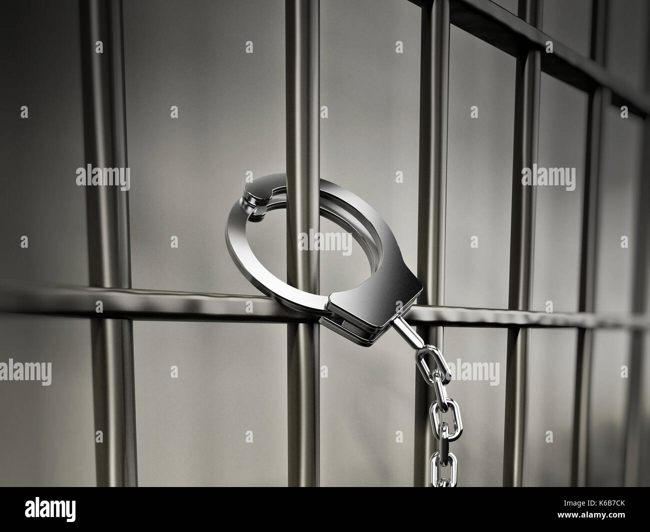 Handcuffs attached to metal prison bars.3D illustration Stock Photo - Alamy