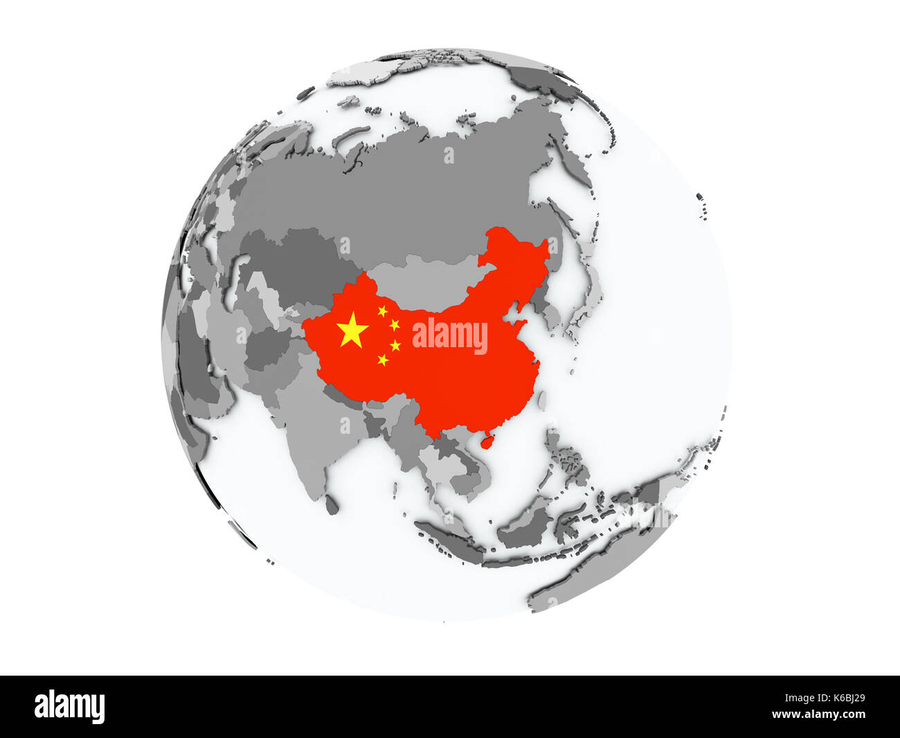 China on political globe with embedded flags. 3D illustration isolated ...