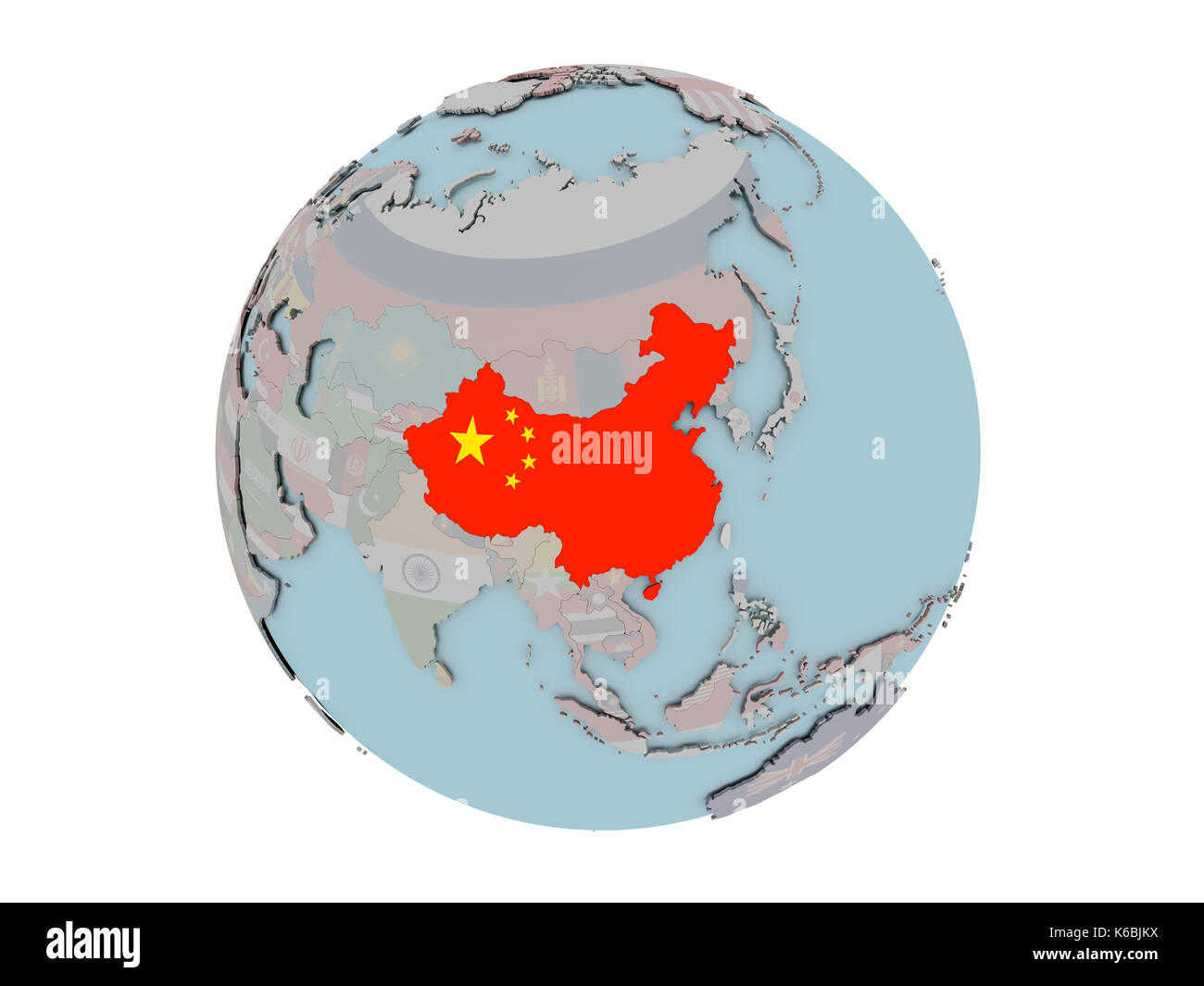 China on political globe with embedded flags. 3D illustration isolated ...