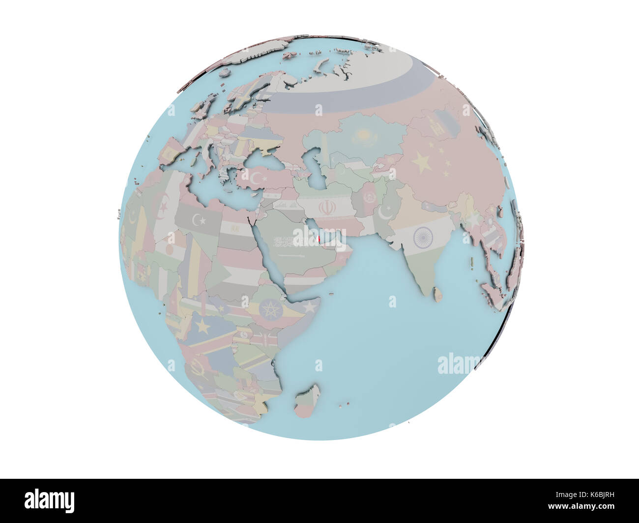 Qatar on political globe with embedded flags. 3D illustration isolated ...