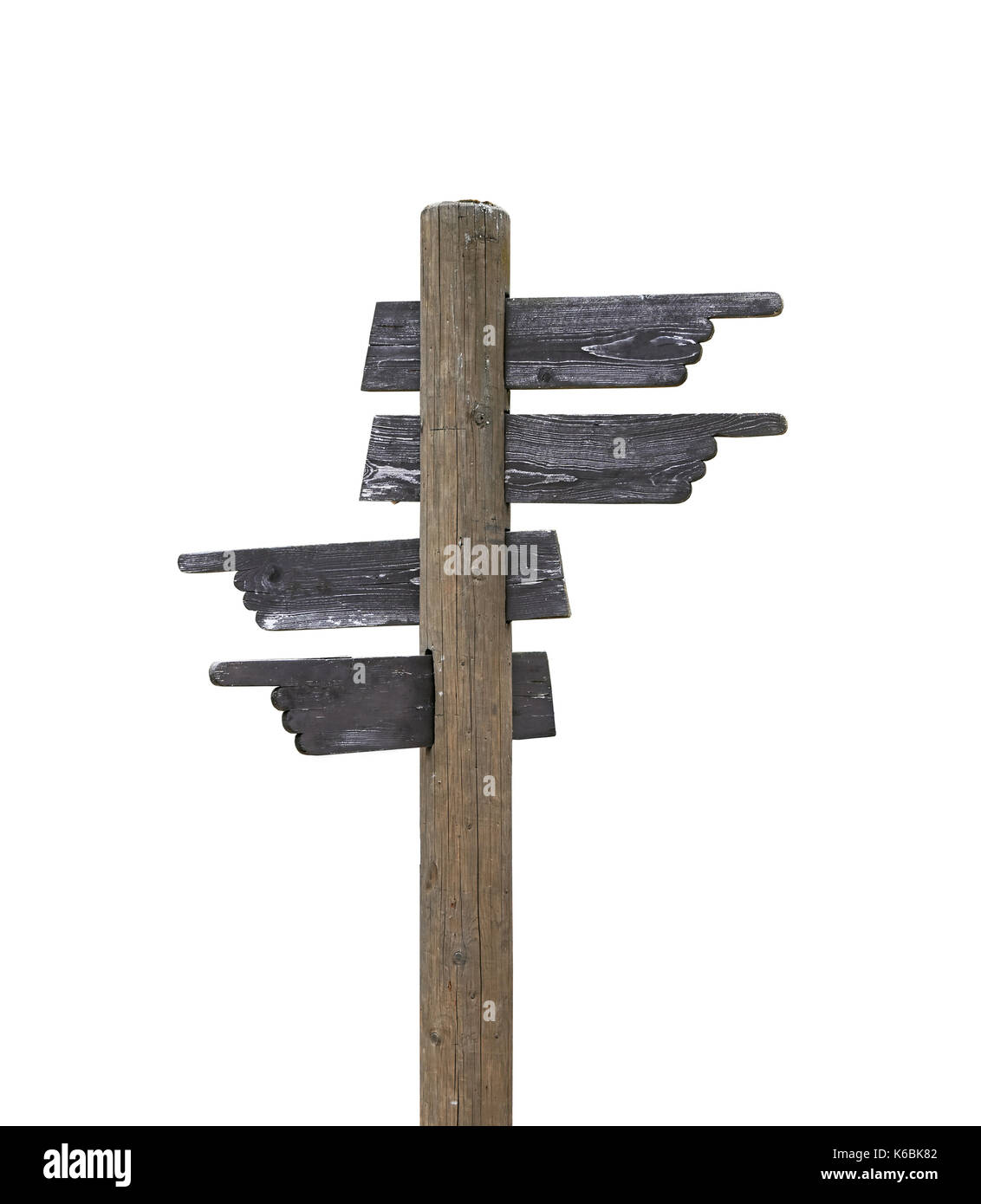 Old vintage road signpost with four hand shaped wooden planks blank ...