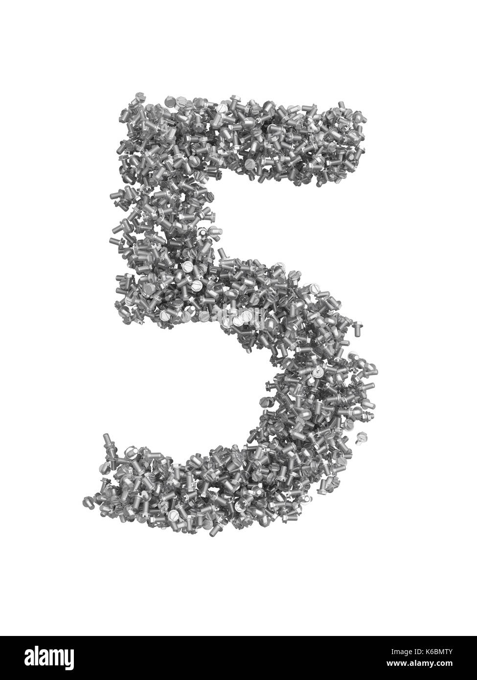 3D render of silver or grey numbers make from bolts. Number 5 with ...
