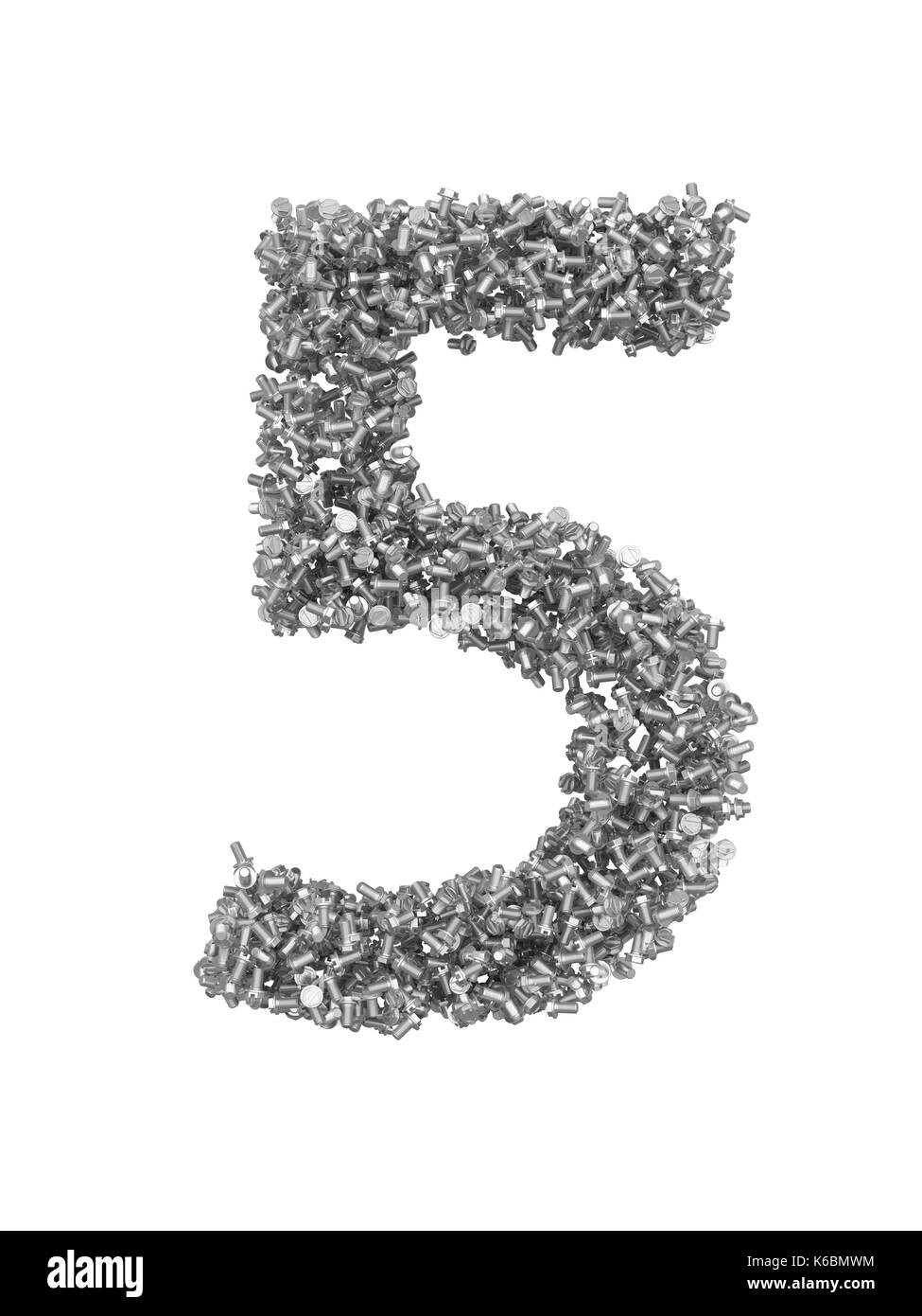 3D render of silver or grey numbers make from bolts. Number 5 with ...