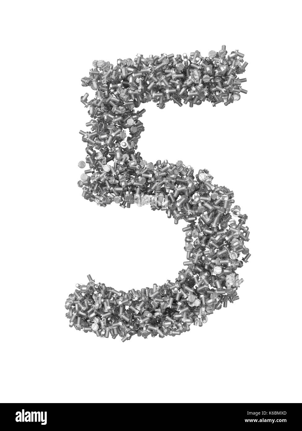 3D render of silver or grey numbers make from bolts. Number 5 with ...