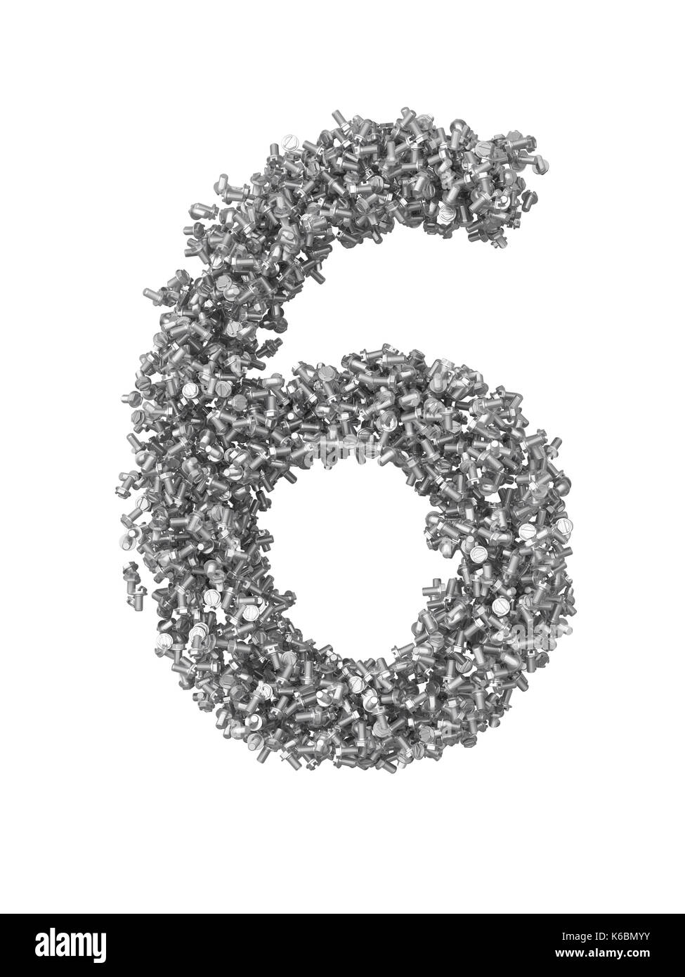 3D render of silver or grey numbers make from bolts. Number 6 with ...