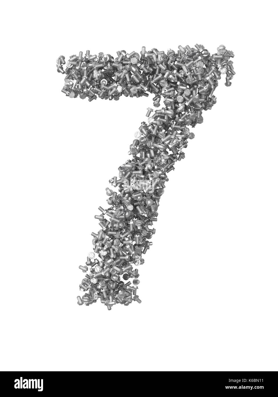 3D render of silver or grey numbers make from bolts. Number 7 with ...