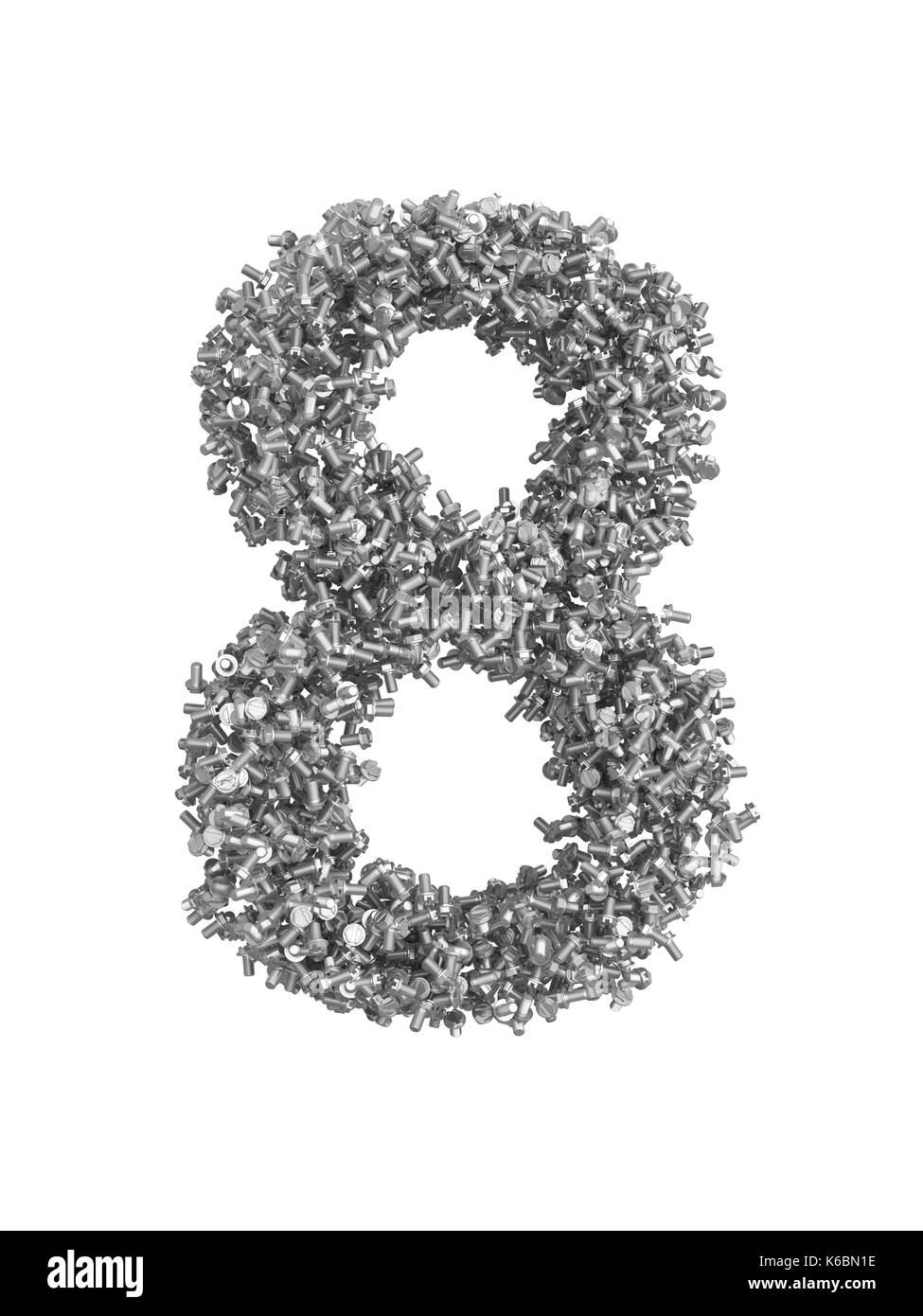 3D render of silver or grey numbers make from bolts. Number 8 with ...