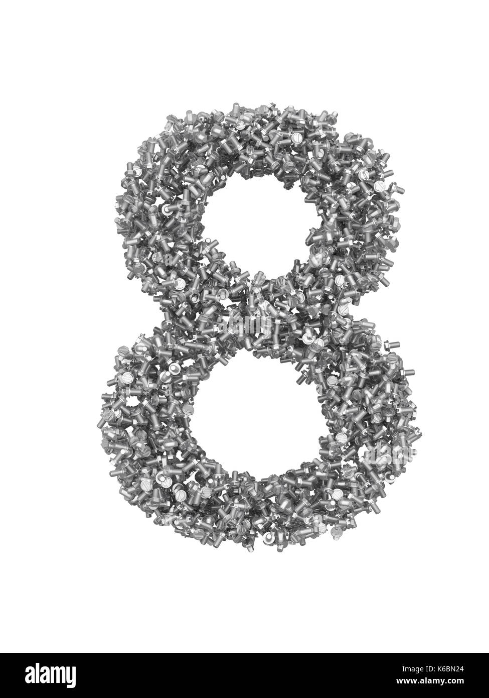 3D render of silver or grey numbers make from bolts. Number 8 with ...