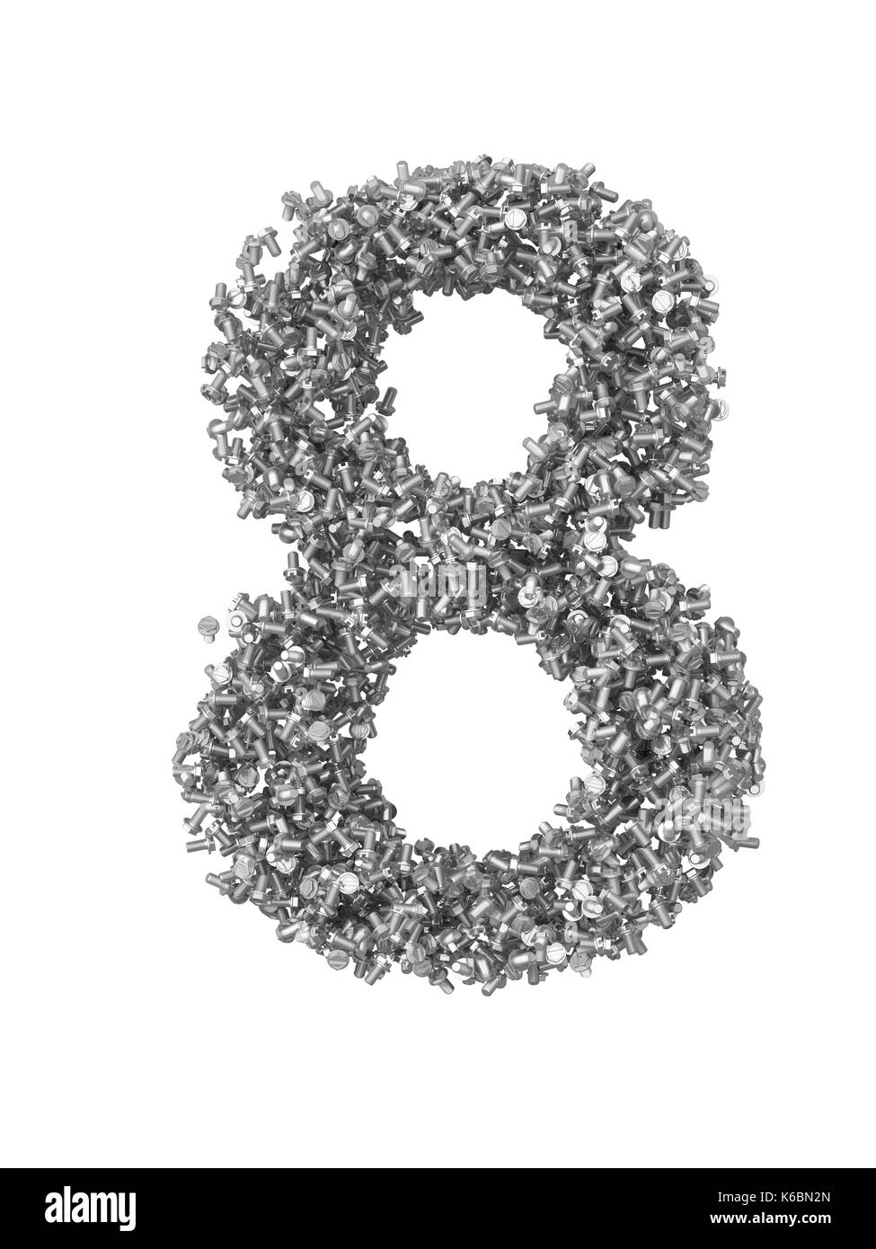 3D render of silver or grey numbers make from bolts. Number 8 with ...