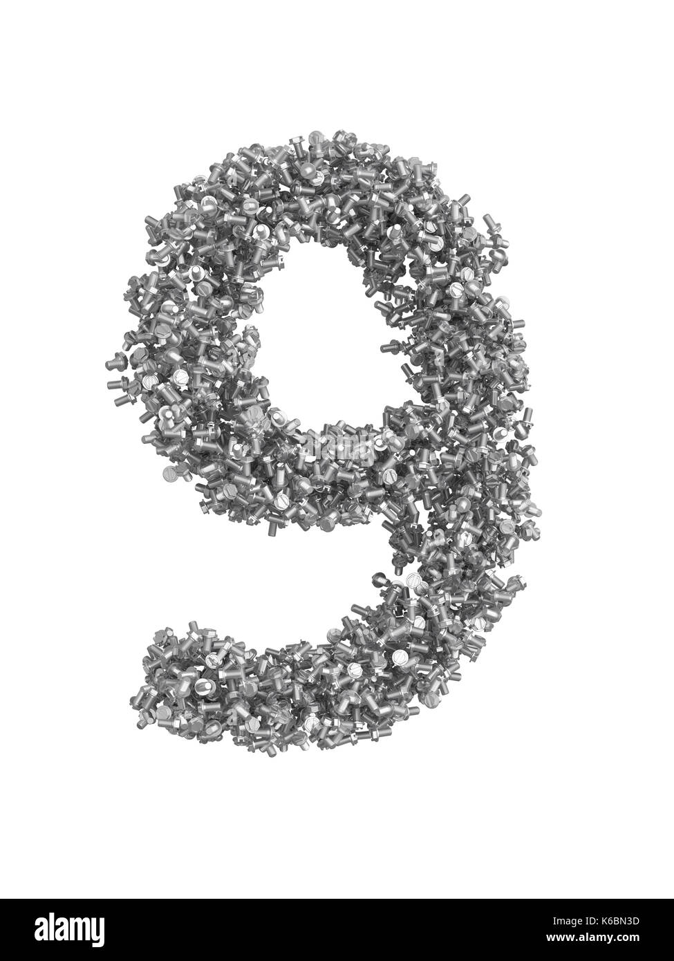 3D render of silver or grey numbers make from bolts. Number 9 with ...