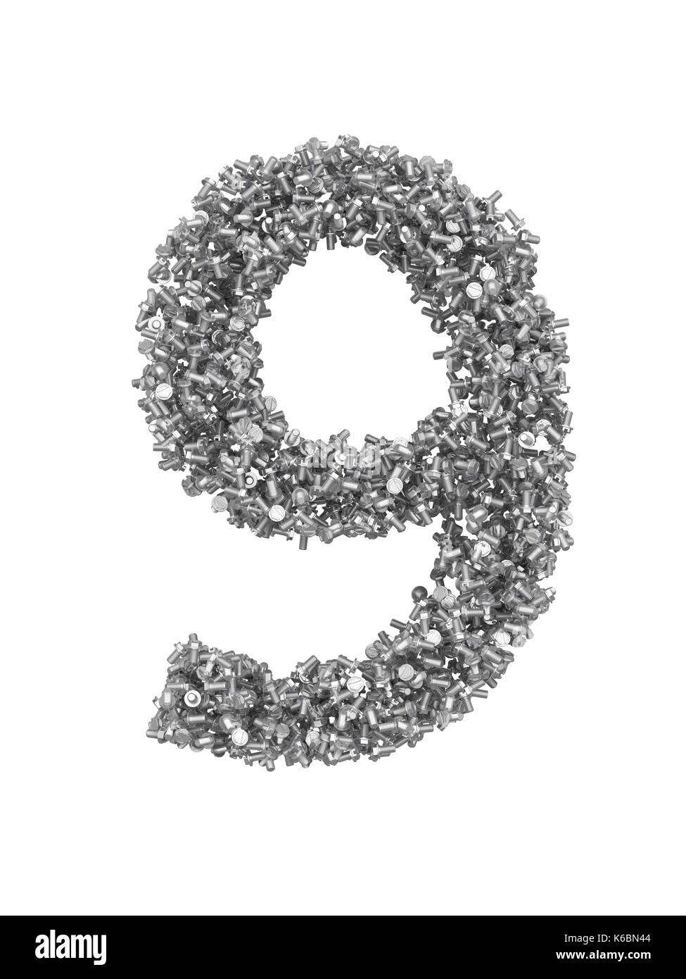 3D render of silver or grey numbers make from bolts. Number 9 with ...
