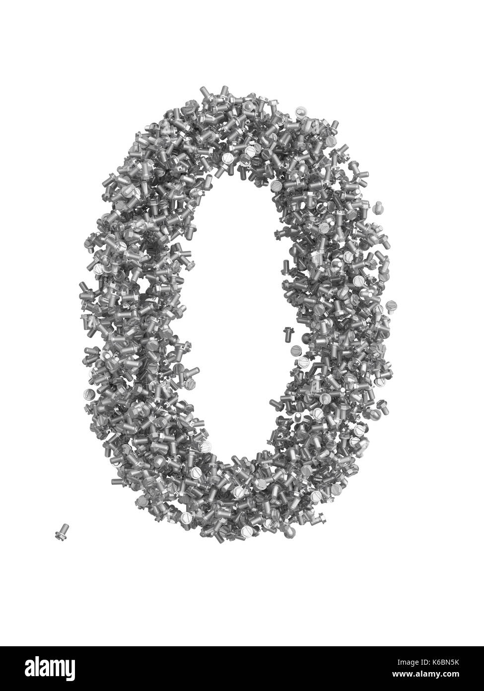3D render of silver or grey numbers make from bolts. Number 0 with ...