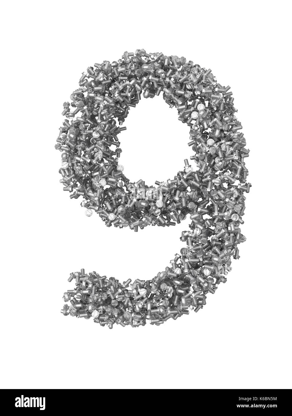 3D render of silver or grey numbers make from bolts. Number 9 with ...