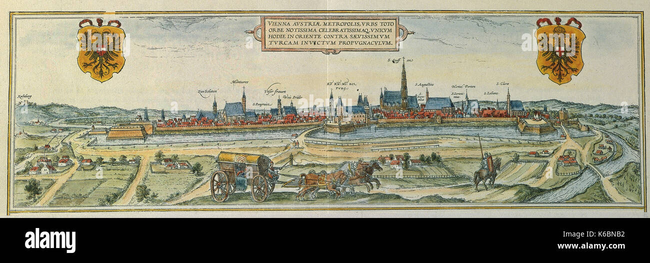 Austria. Vienna. Panorama of the city in the 17th century from the bank ...