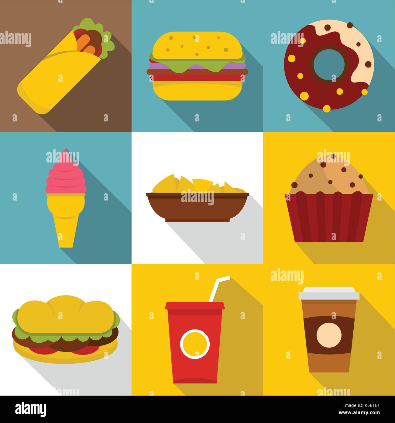 Tasty fast food icon set. Flat style set of 9 tasty fast food vector ...