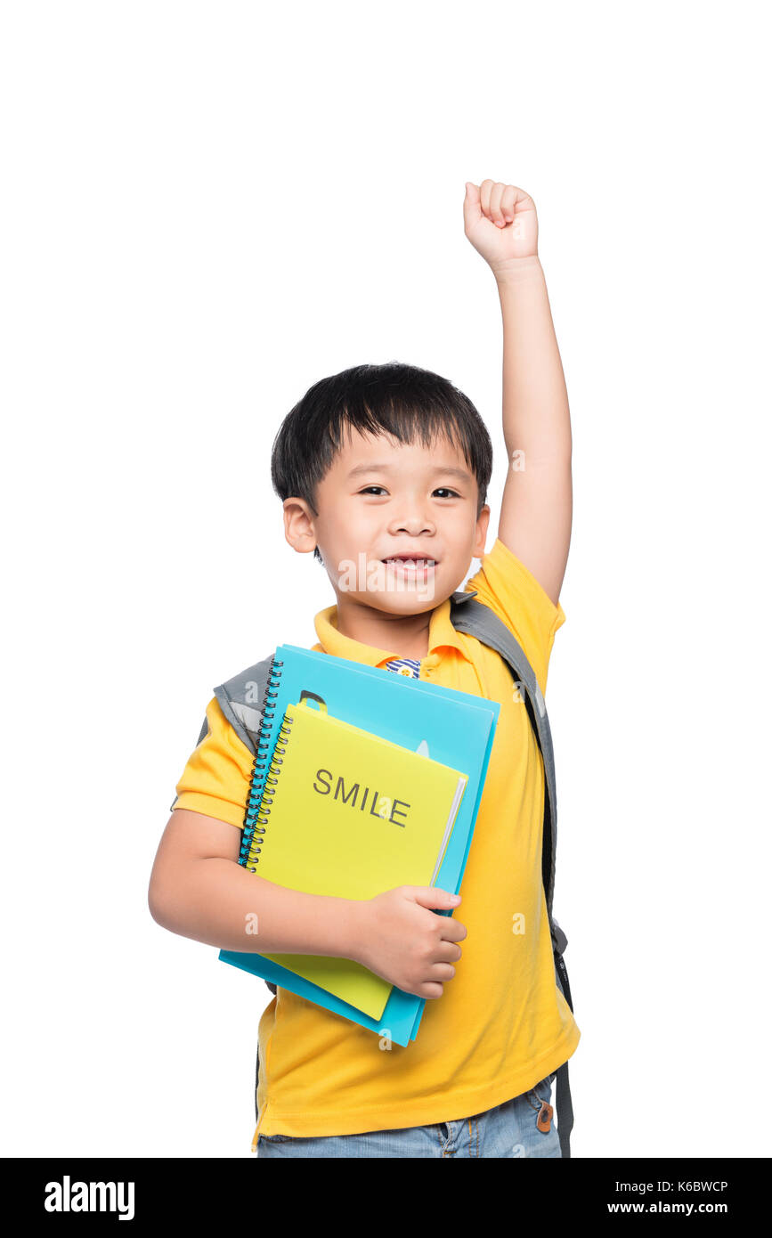 Portrait of cute smiling boy with backpack and colorful books with hand ...