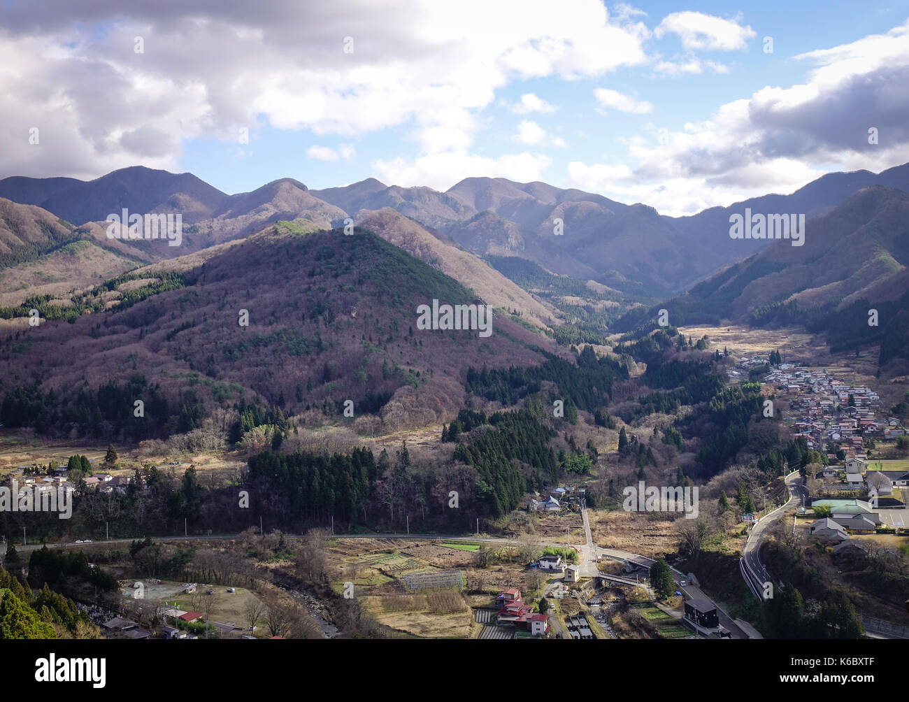 Mountain scenery with a village in Yamadera, Japan. Yamadera is a ...