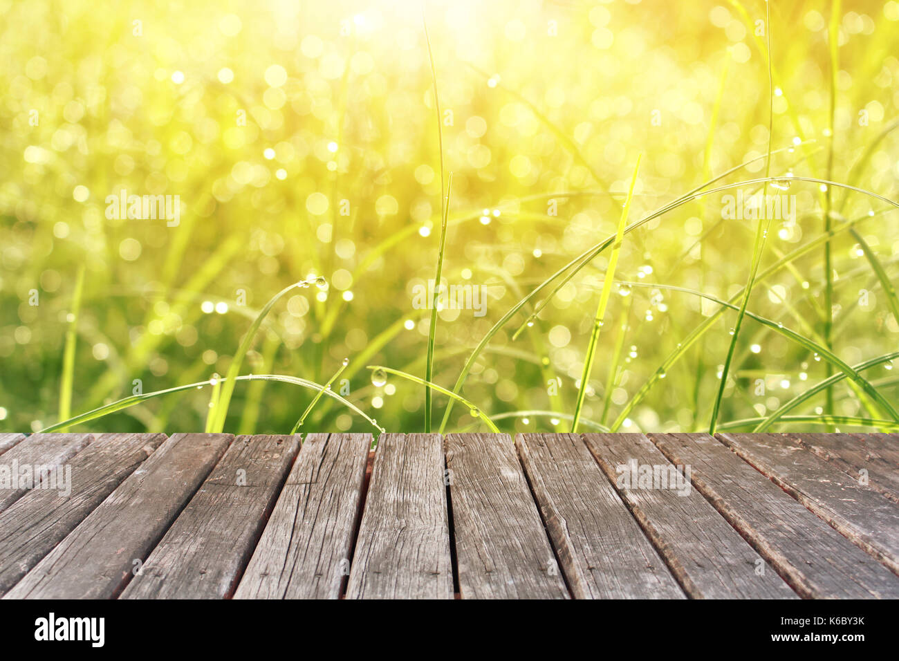 wood table on grass background Stock Photo - Alamy