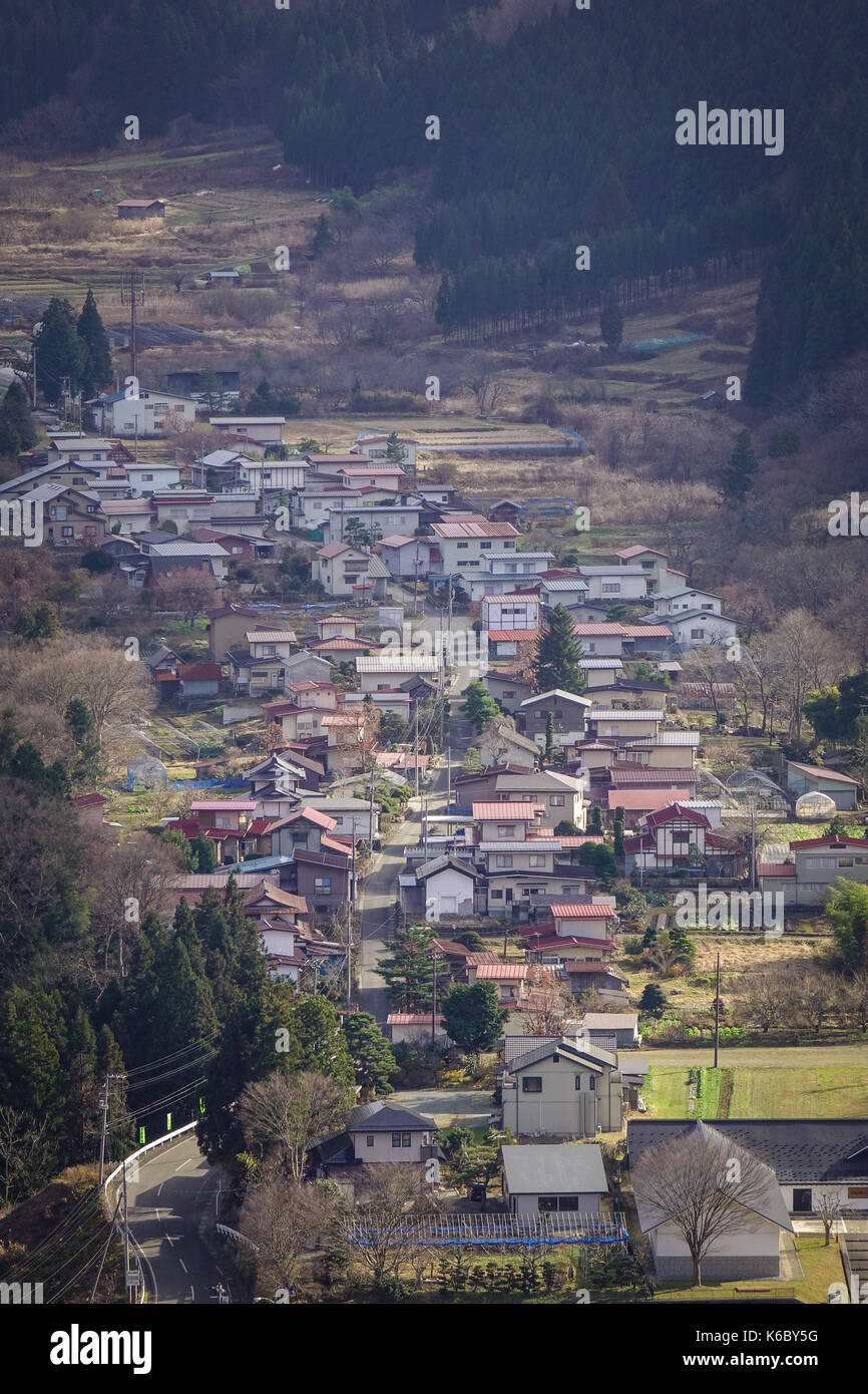 Aerial view of onsen village at autumn in Yamadera, Japan. Yamadera is ...