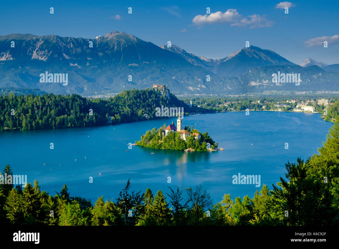 Panoramic aerial view on Lake Bled, Blejsko jezero, and Bled Island ...