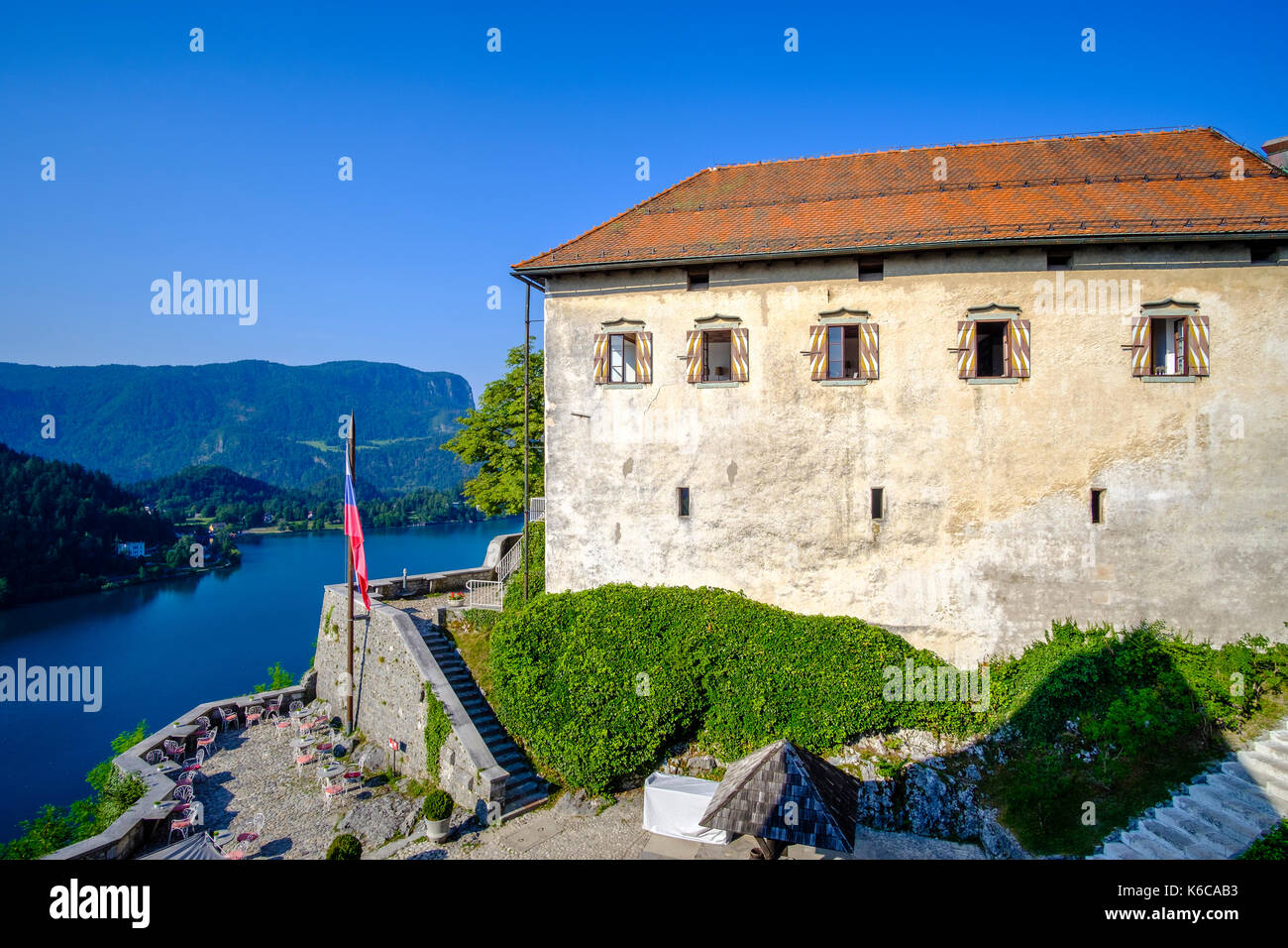 Buildings inside Bled Castle, Blejski grad, located on a rocky mountain ...