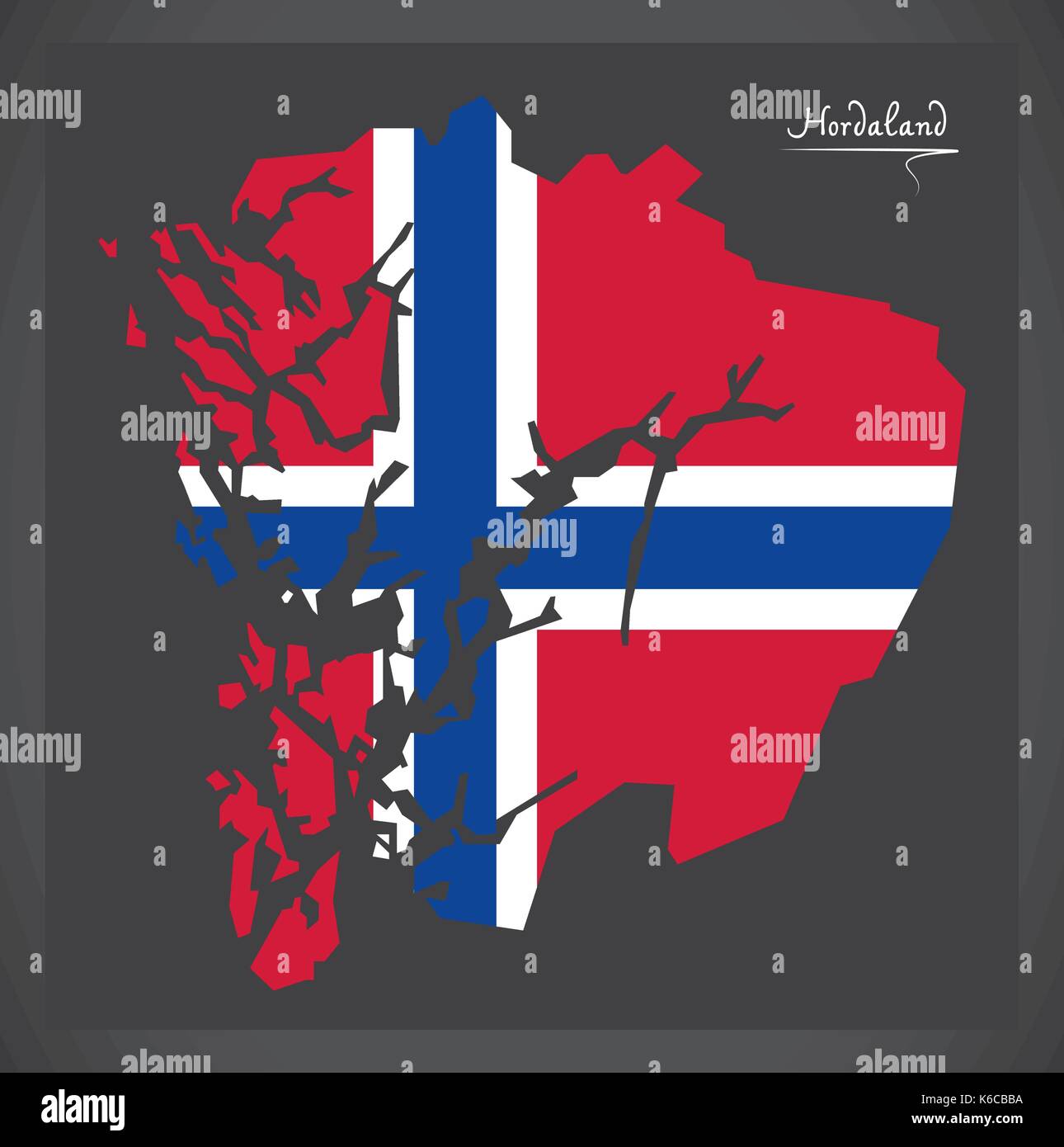 Hordaland map of Norway with Norwegian national flag illustration Stock ...