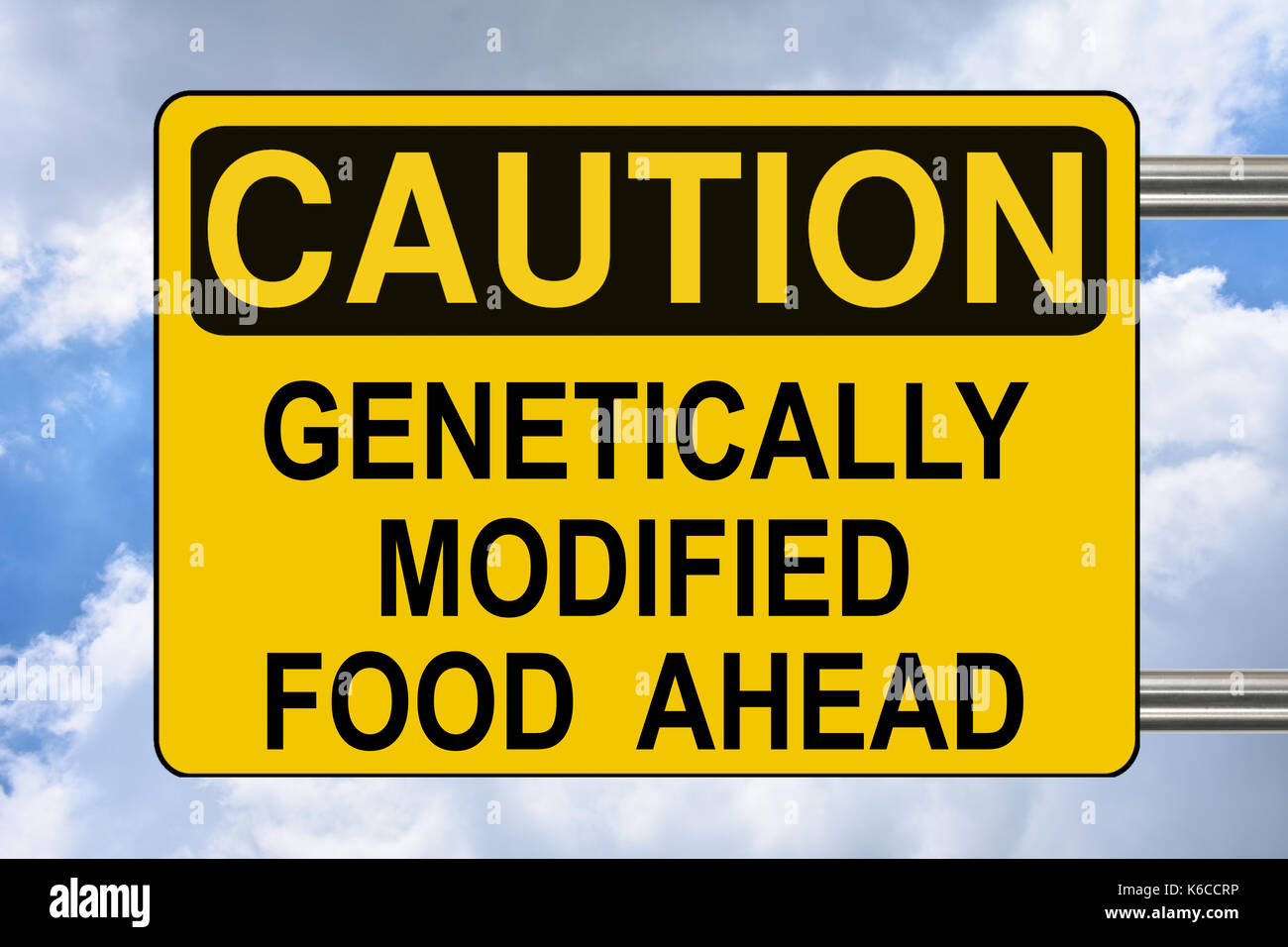Genetically modified food ahead, yellow warning road sign Stock Photo ...
