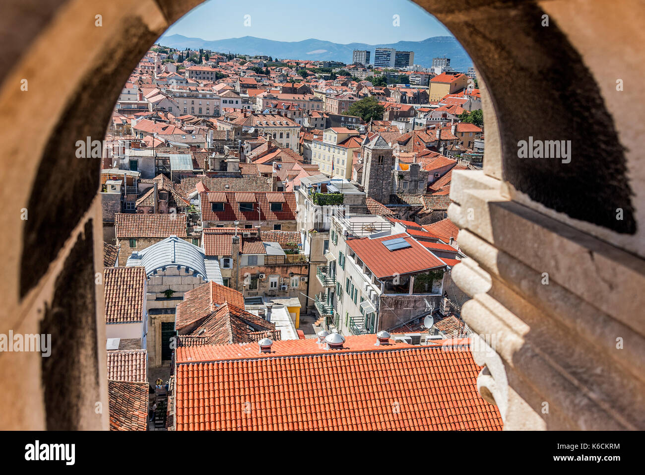 View from the inside of a high ancient tower in the city of Split Stock ...