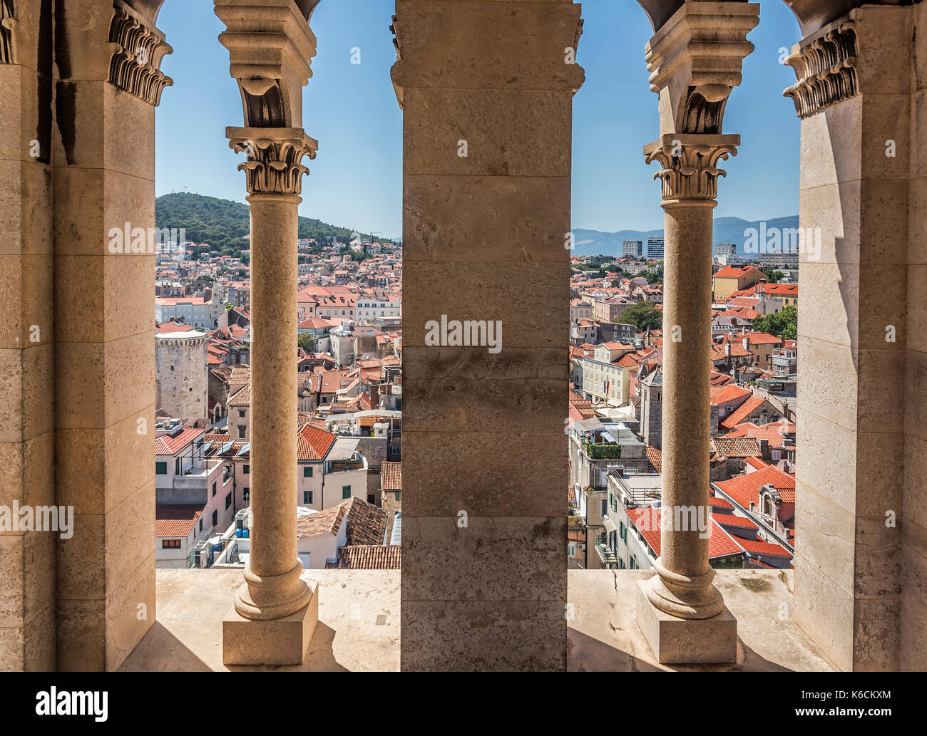 View from the inside of a high ancient tower in the city of Split Stock ...
