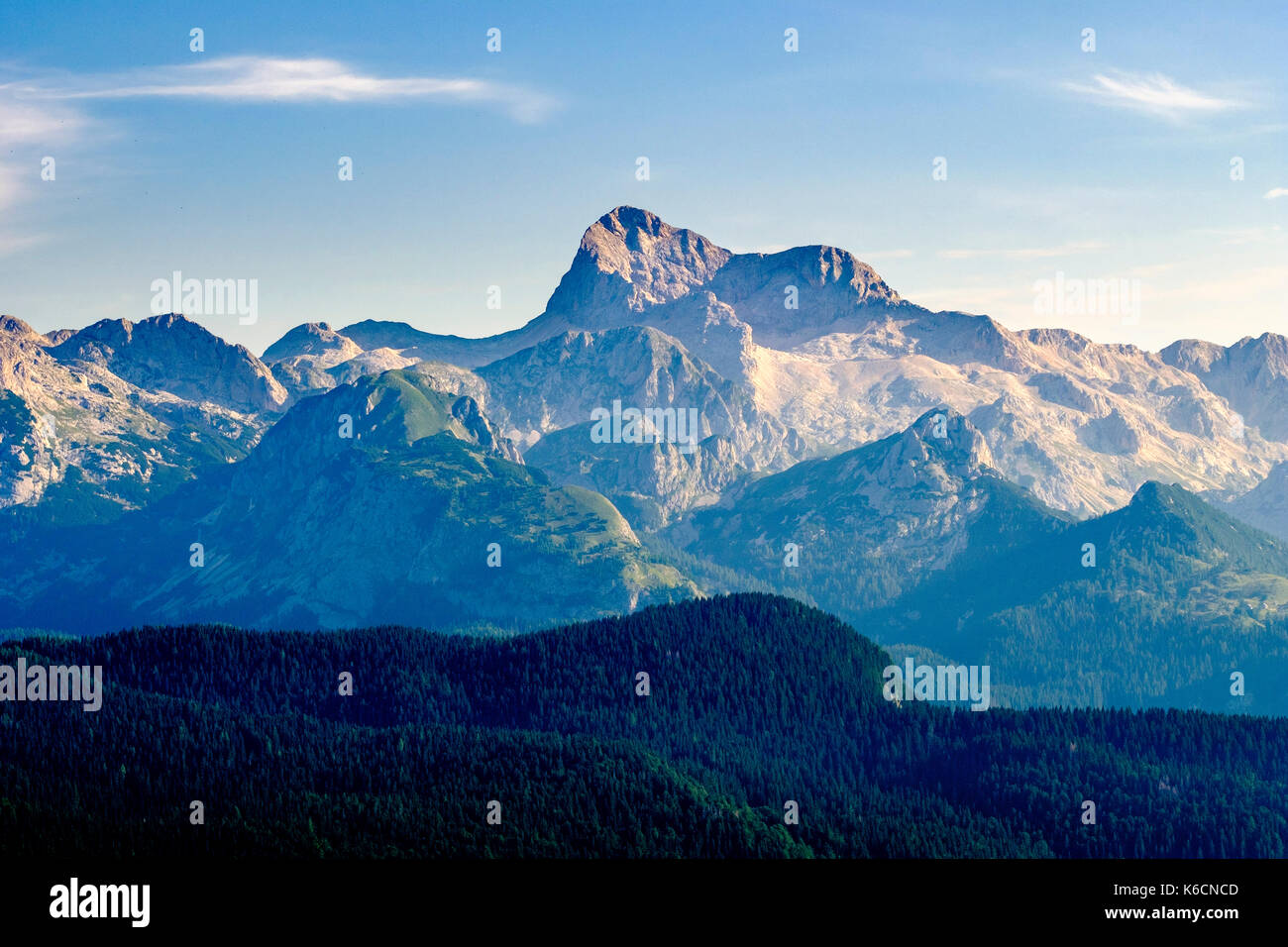Aerial view on the summit of Mount Triglav from Vogel cable car hill ...