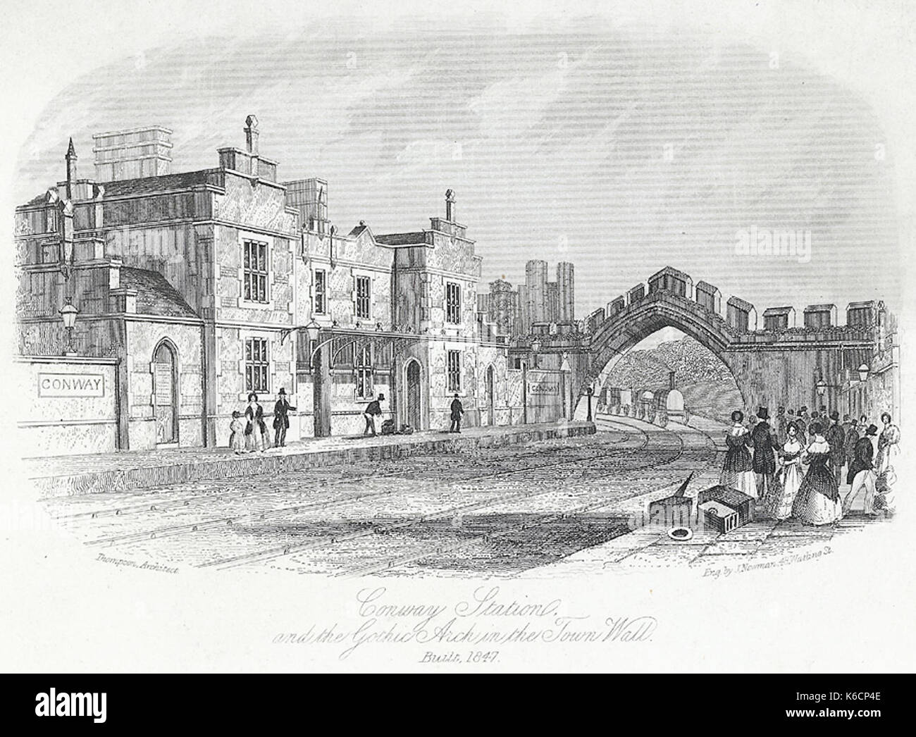 Conway Station, and the Gothic arch in the Town Wall. Built,1847 Stock ...