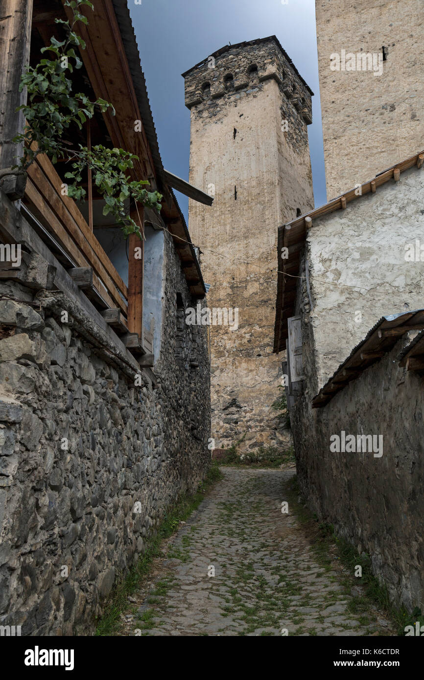 Ancient stone Koshkebi, or Defensive Towers, in the town of Mestia in ...