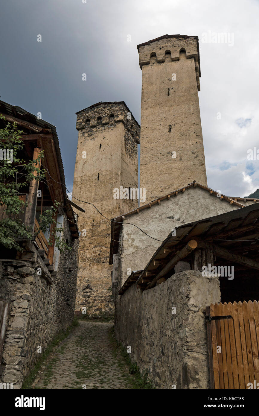 Ancient stone Koshkebi, or Defensive Towers, in the town of Mestia in ...