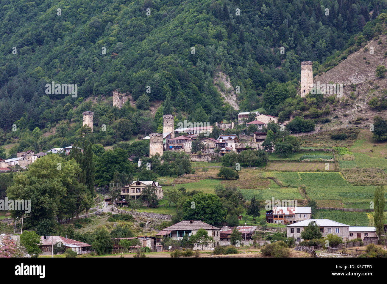 View across the town of Mestia in the Svaneti region of Georgia ...