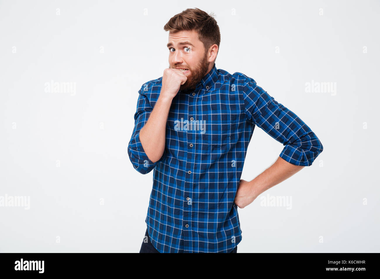 Scared bearded man looking camera and don't know what to do isolated ...