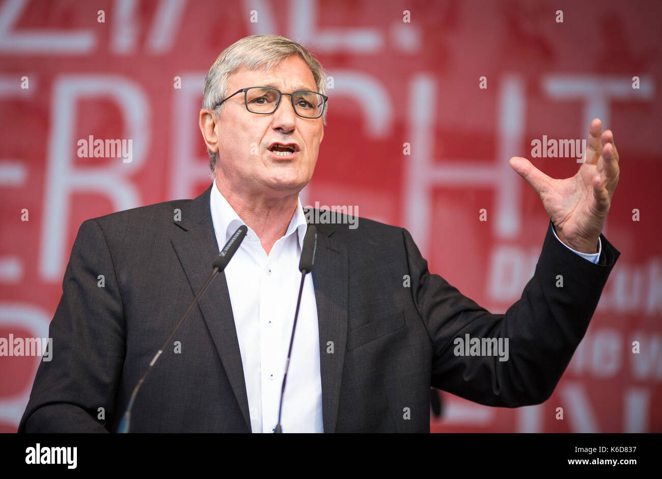 Bernd Riexinger, chairman of Die Linke party, speaks at an election ...
