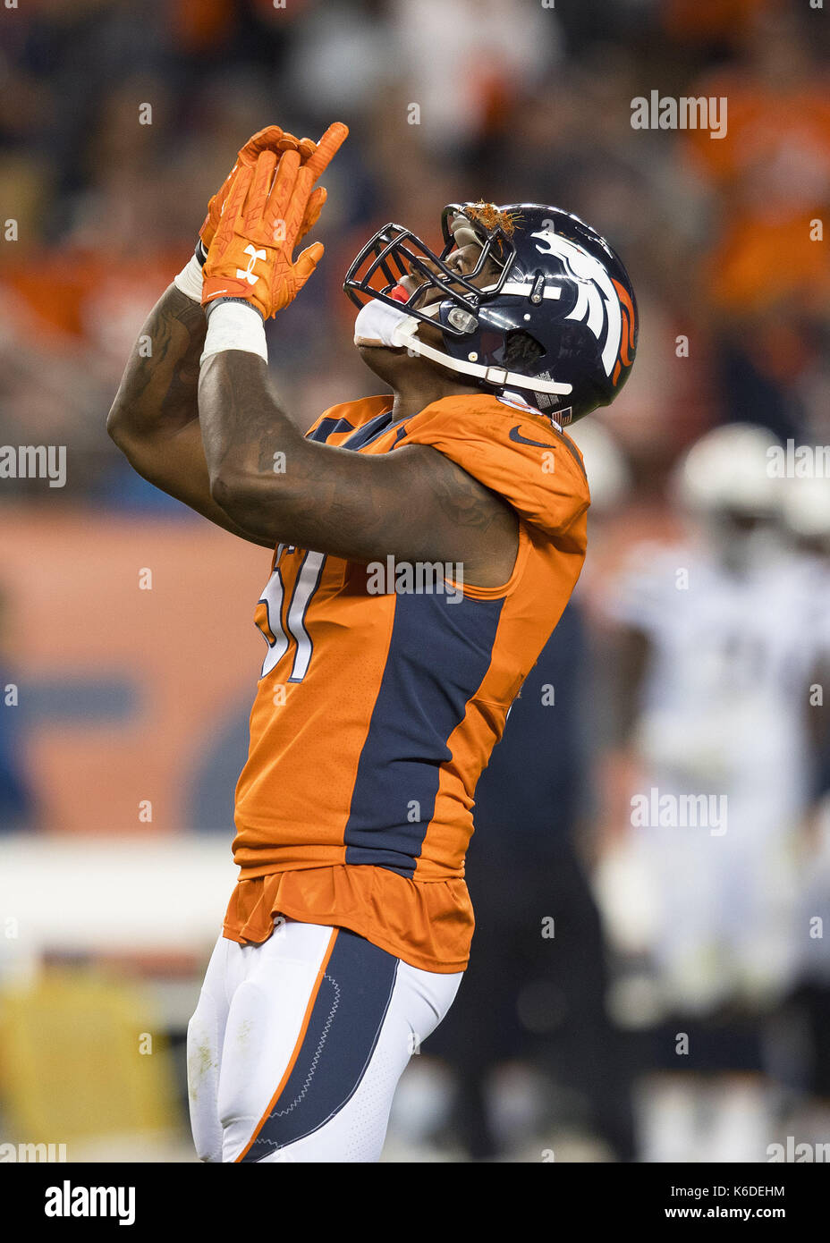 Denver, Colorado, USA. 11th Sep, 2017. Broncos ILB TODD DAVIS points to ...